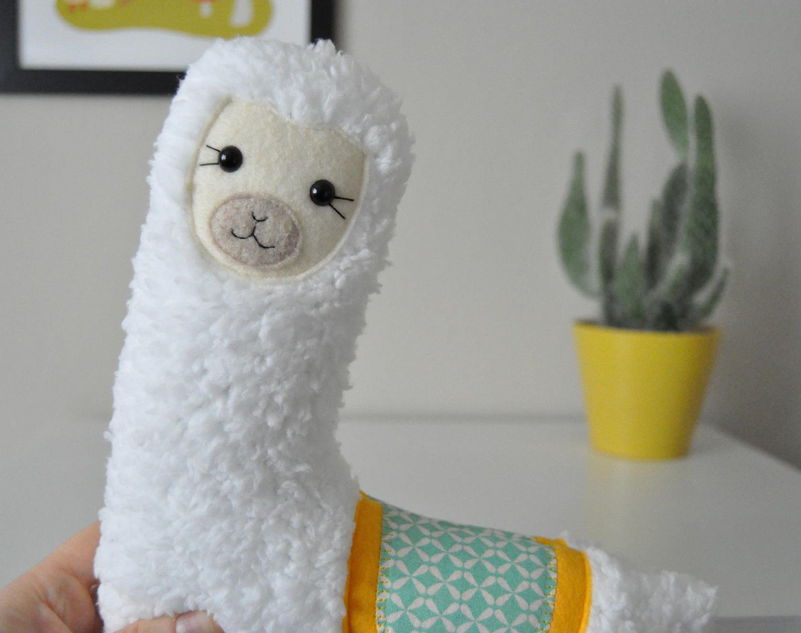 Fuzzy Llama Alpaca Plushie - Yellow and Light Blue Geometric Pattern ...