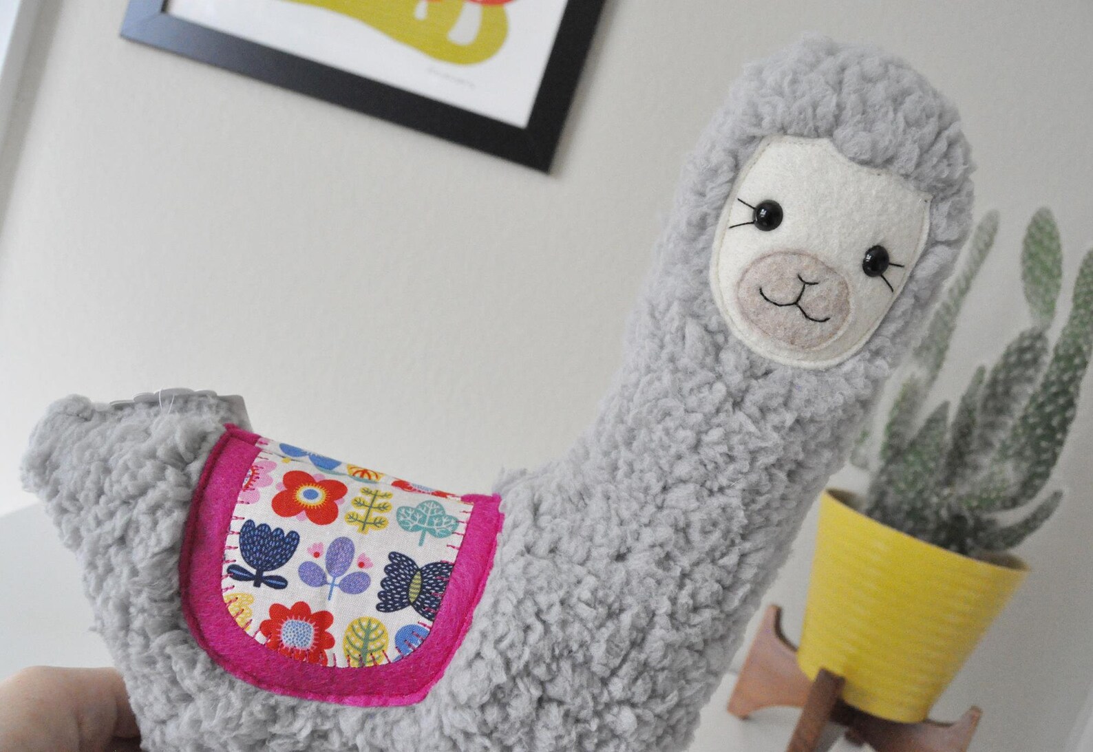 Fuzzy Gray Llama Alpaca Plushie - Pink Mod Floral Flower Pattern ...