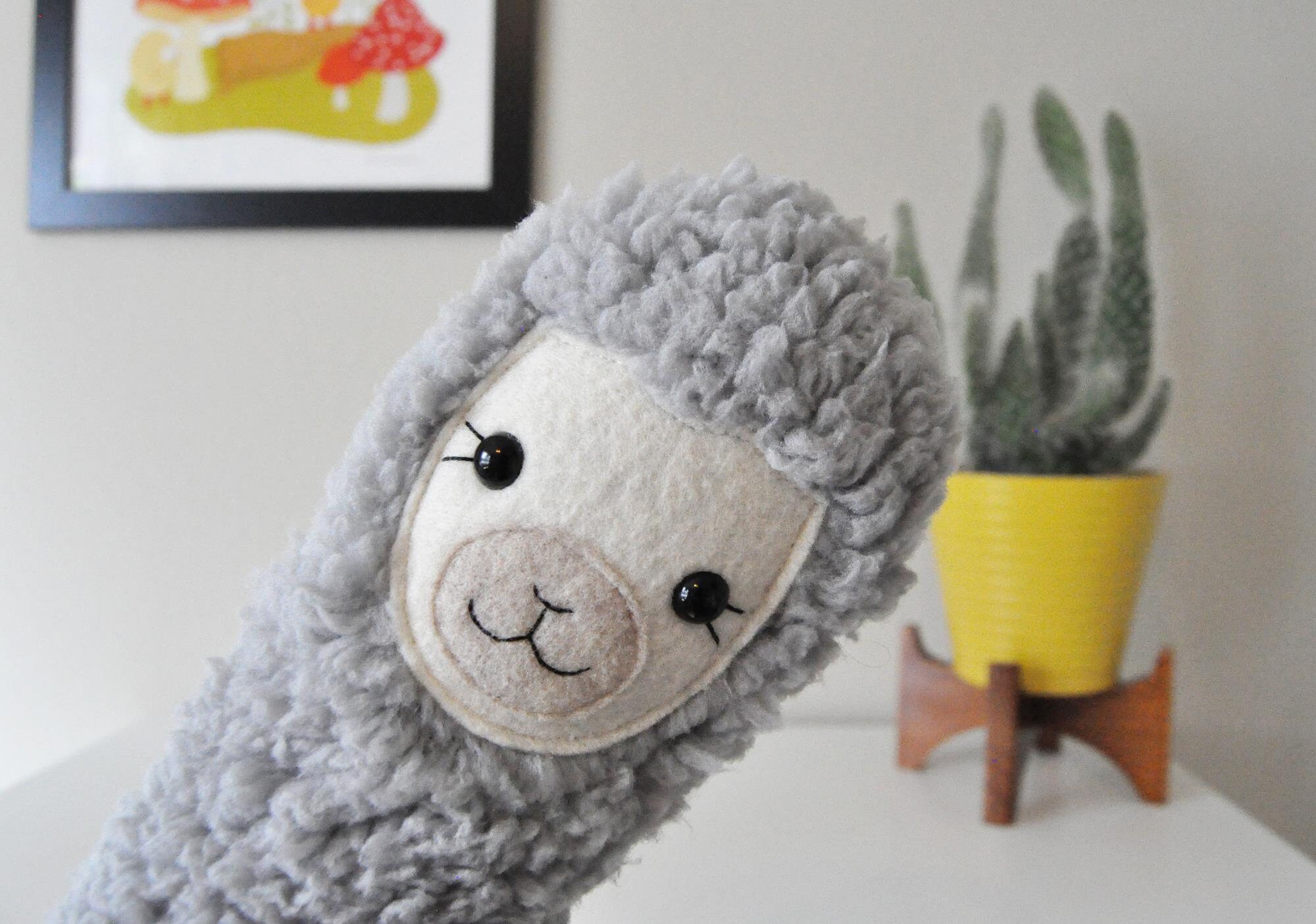 Fuzzy Gray Llama Alpaca Plushie - Yellow Flower Floral - READY TO SHIP ...