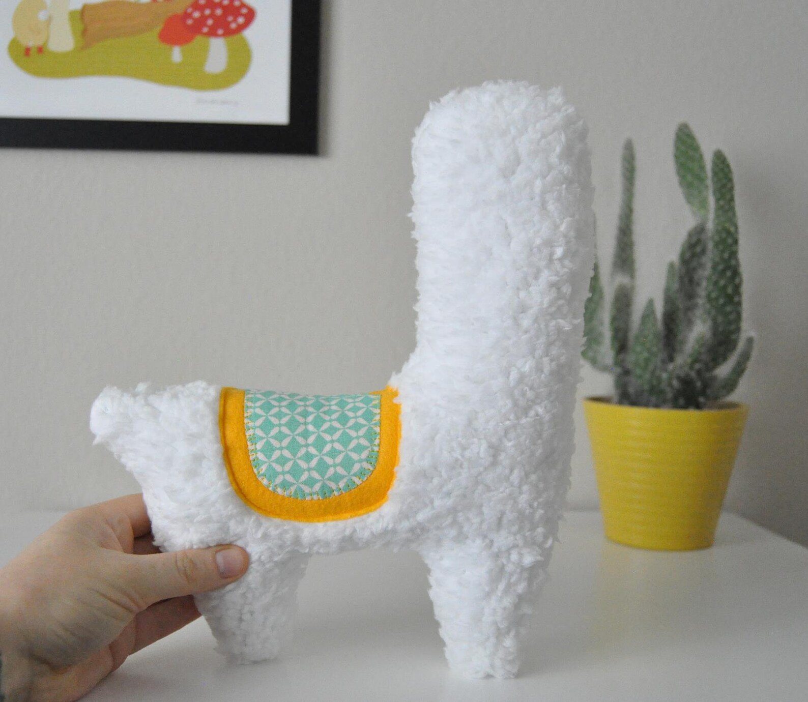 Fuzzy Llama Alpaca Plushie - Yellow and Light Blue Geometric Pattern ...