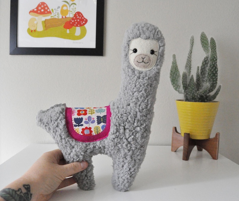 Fuzzy Gray Llama Alpaca Plushie - Pink Mod Floral Flower Pattern ...