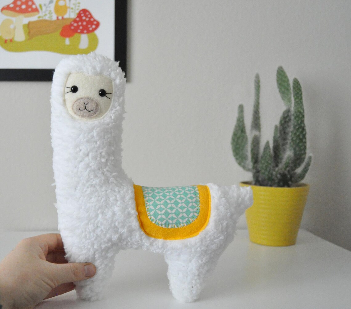 Fuzzy Llama Alpaca Plushie - Yellow and Light Blue Geometric Pattern ...