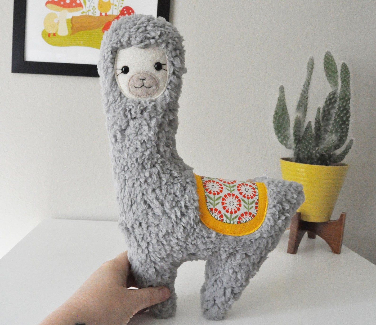 Fuzzy Gray Llama Alpaca Plushie - Yellow Flower Floral - READY TO SHIP ...