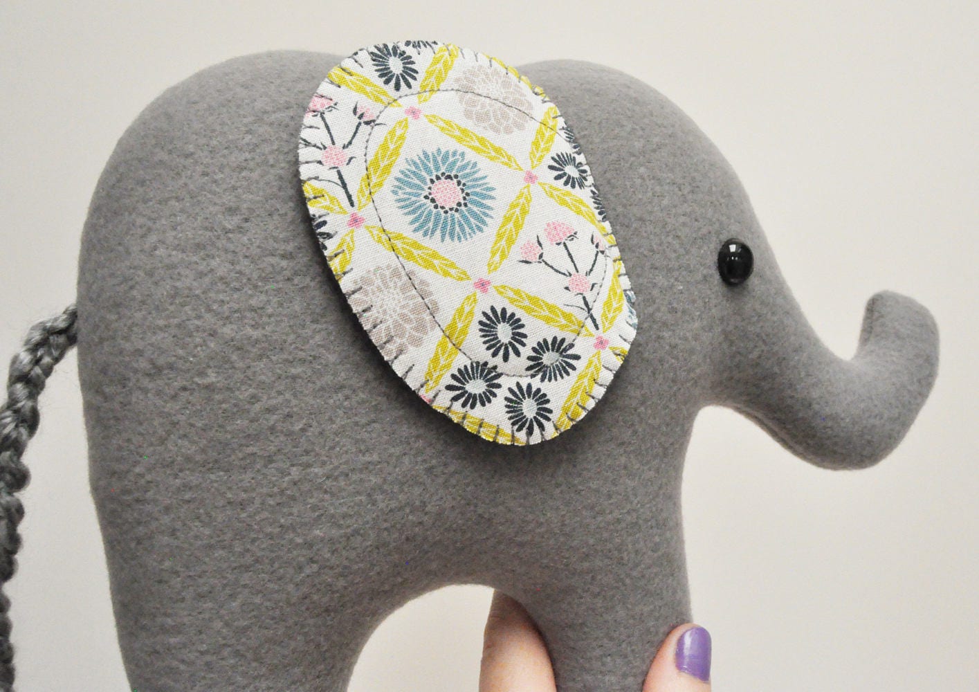 Curious Gray Plush Elephant Floral Print Ears READY TO | Etsy