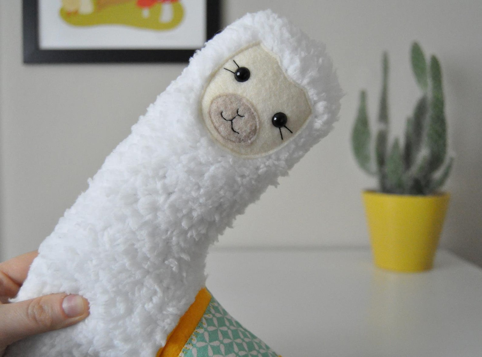 Fuzzy Llama Alpaca Plushie - Yellow and Light Blue Geometric Pattern ...