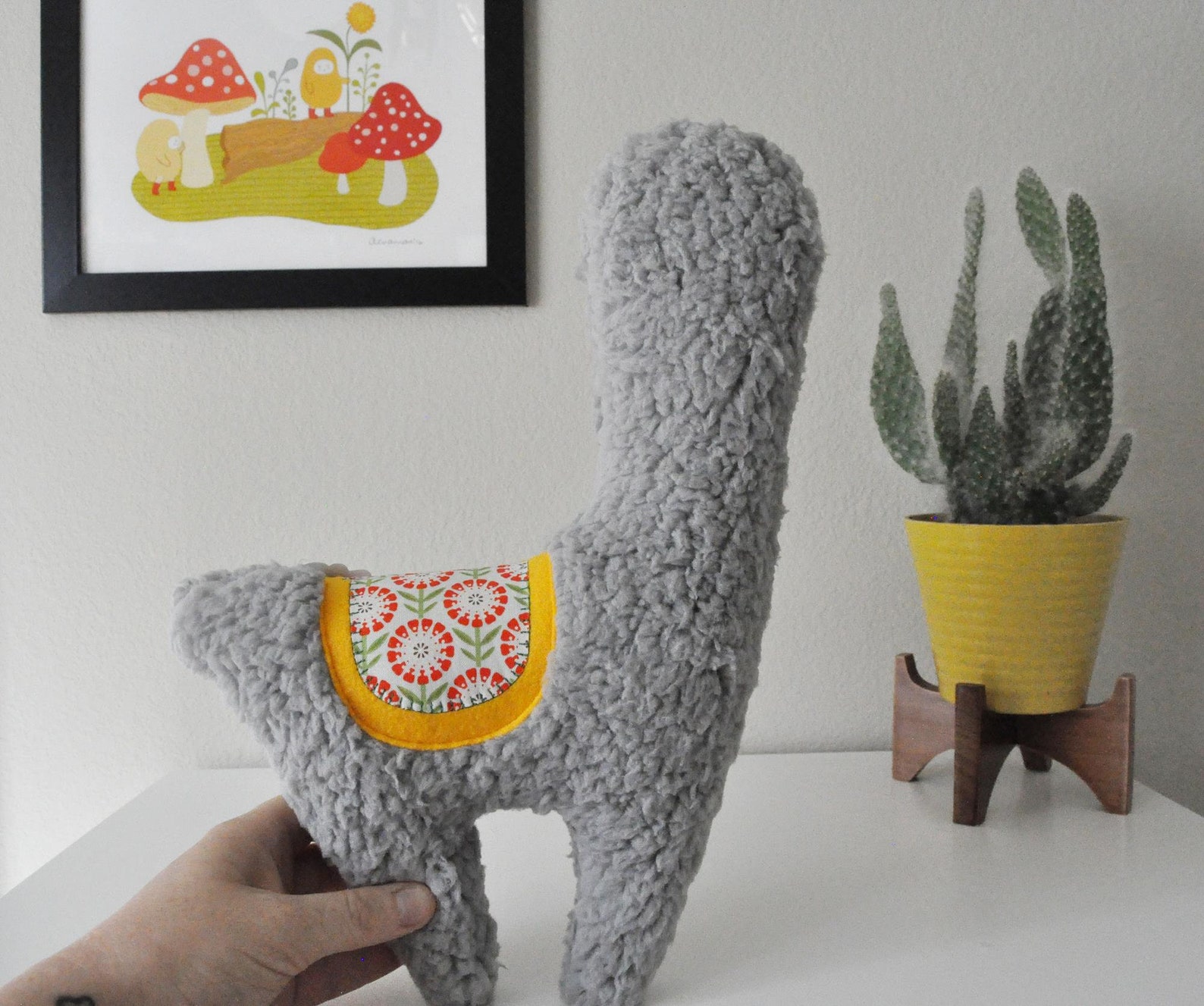Fuzzy Gray Llama Alpaca Plushie - Yellow Flower Floral - READY TO SHIP ...