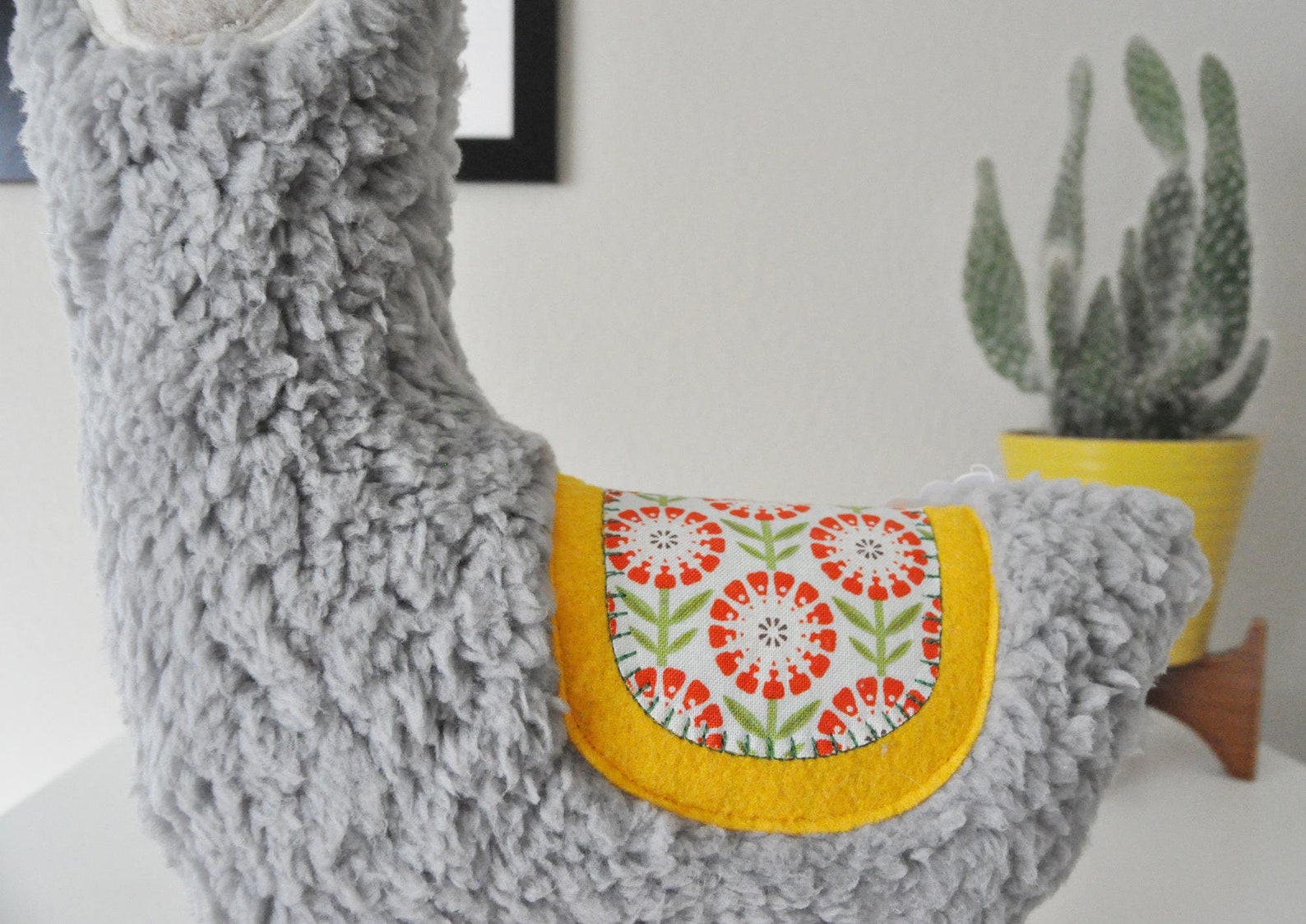 Fuzzy Gray Llama Alpaca Plushie - Yellow Flower Floral - READY TO SHIP ...