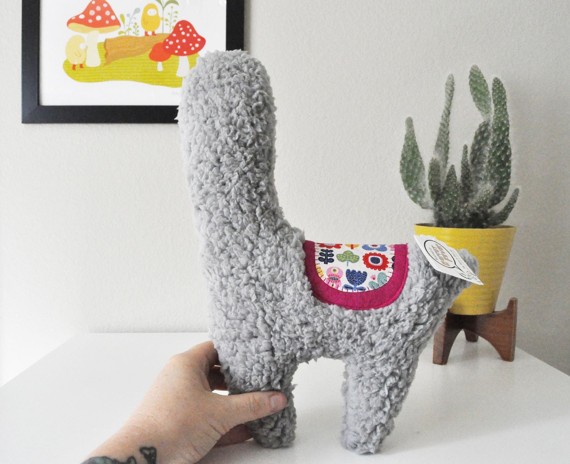 Fuzzy Gray Llama Alpaca Plushie - Pink Mod Floral Flower Pattern ...