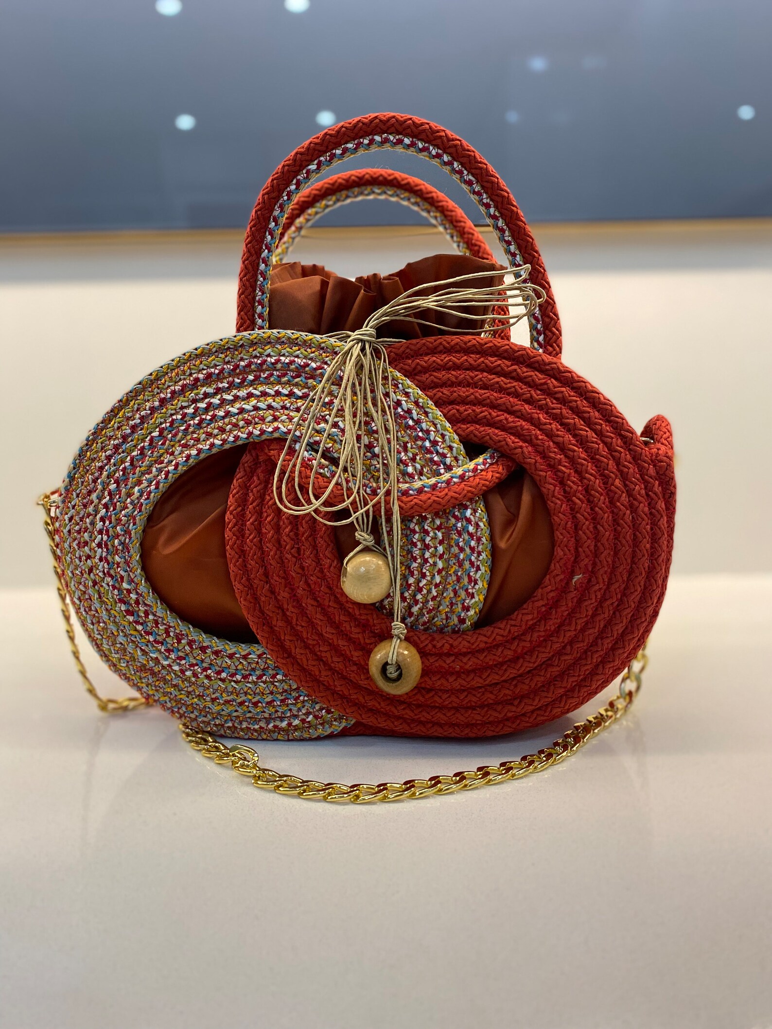 Handmade Braided Rope Bag W/gold Chain Unique & Stylish Market Tote ...