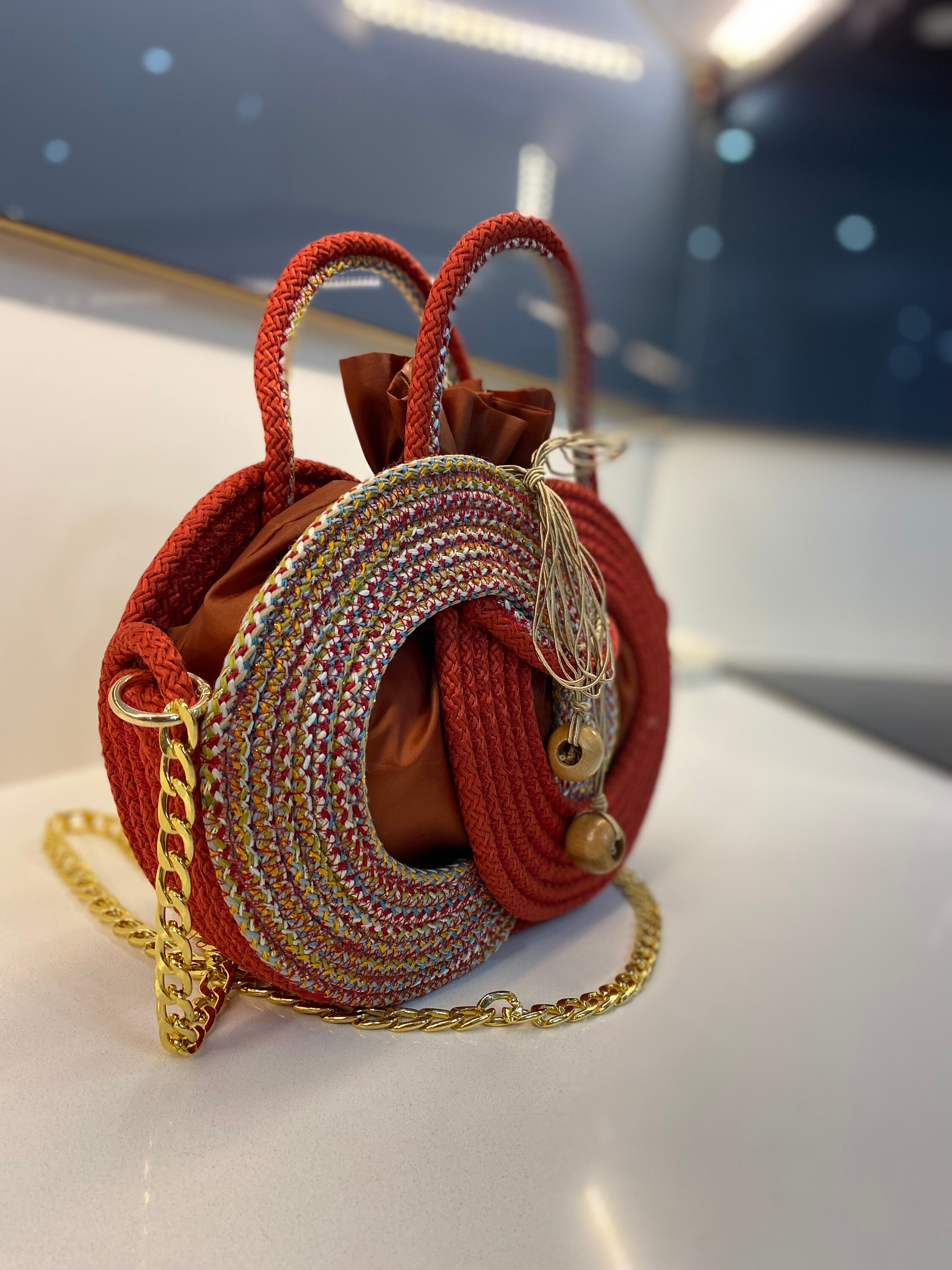 Handmade Braided Rope Bag W/gold Chain Unique & Stylish Market Tote ...