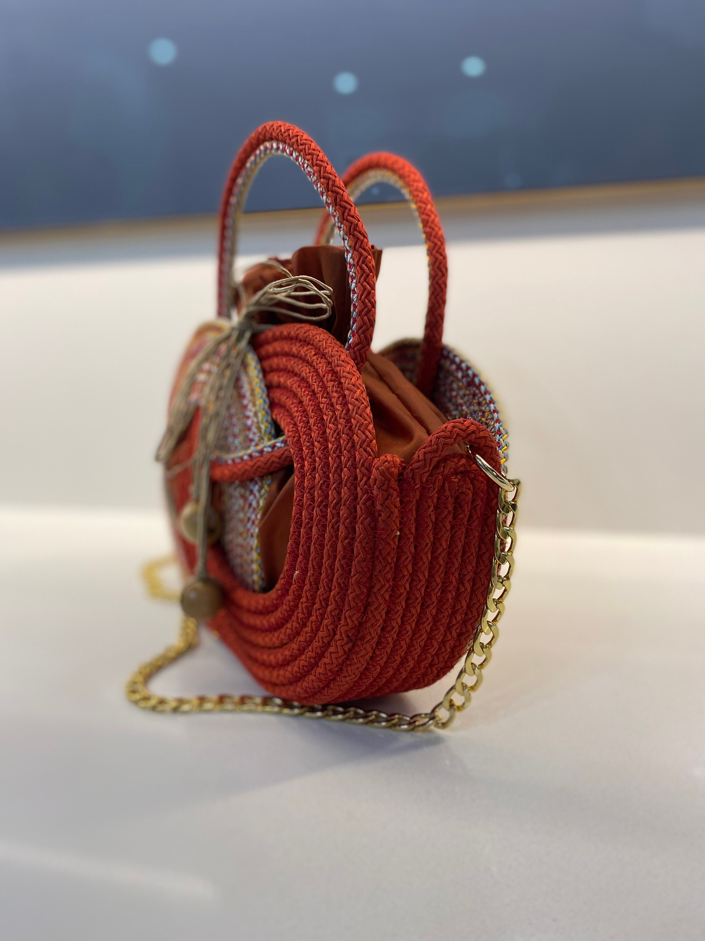 Handmade Braided Rope Bag W/gold Chain Unique & Stylish Market Tote ...
