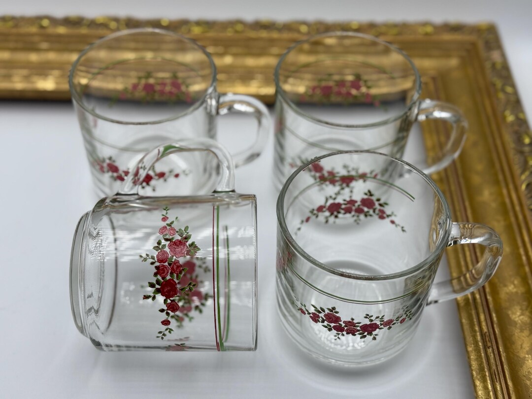 Vintage Luminarc Glass Coffee or Tea Mugs With Pink Rose Pattern, Set ...