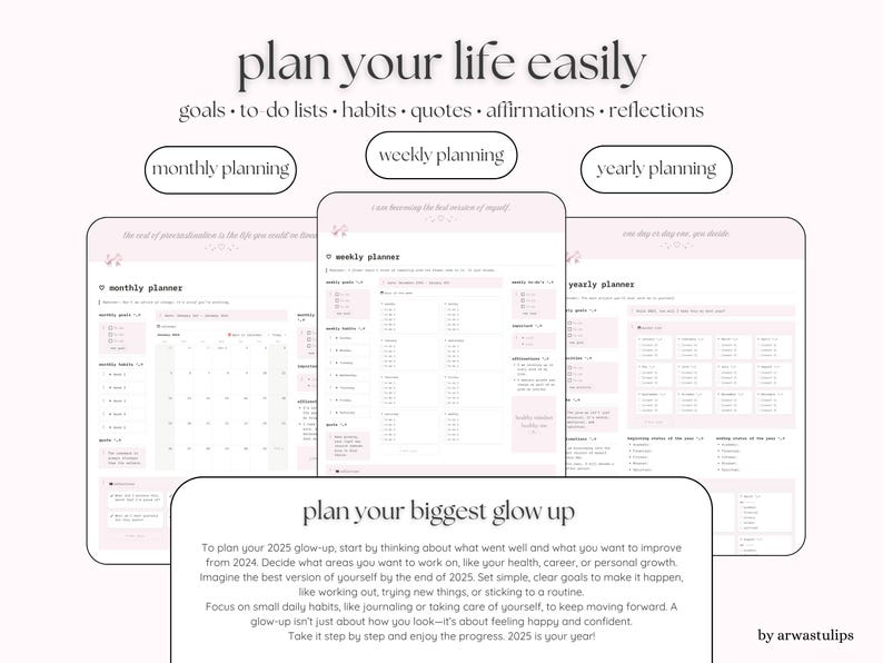 ୨୧ 2025 Glow up Planner Notion Template | That Girl Notion Template ...