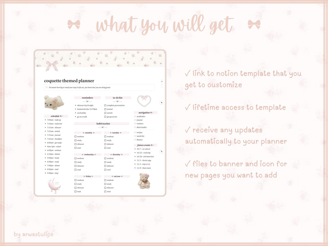 ୨୧ Coquette Themed Notion Template Aesthetic Notion Planner Digital ...