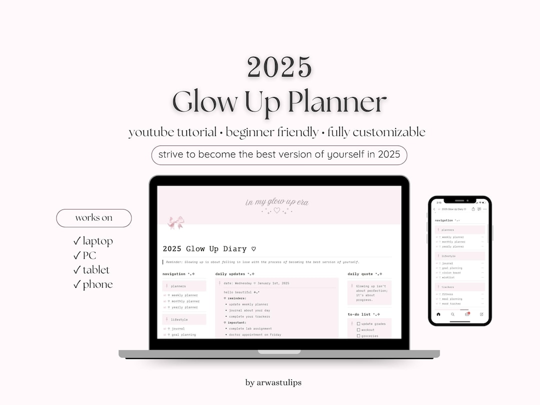 ୨୧ 2025 Glow up Planner Notion Template | That Girl Notion Template | Fitness Planner | Glow up ...