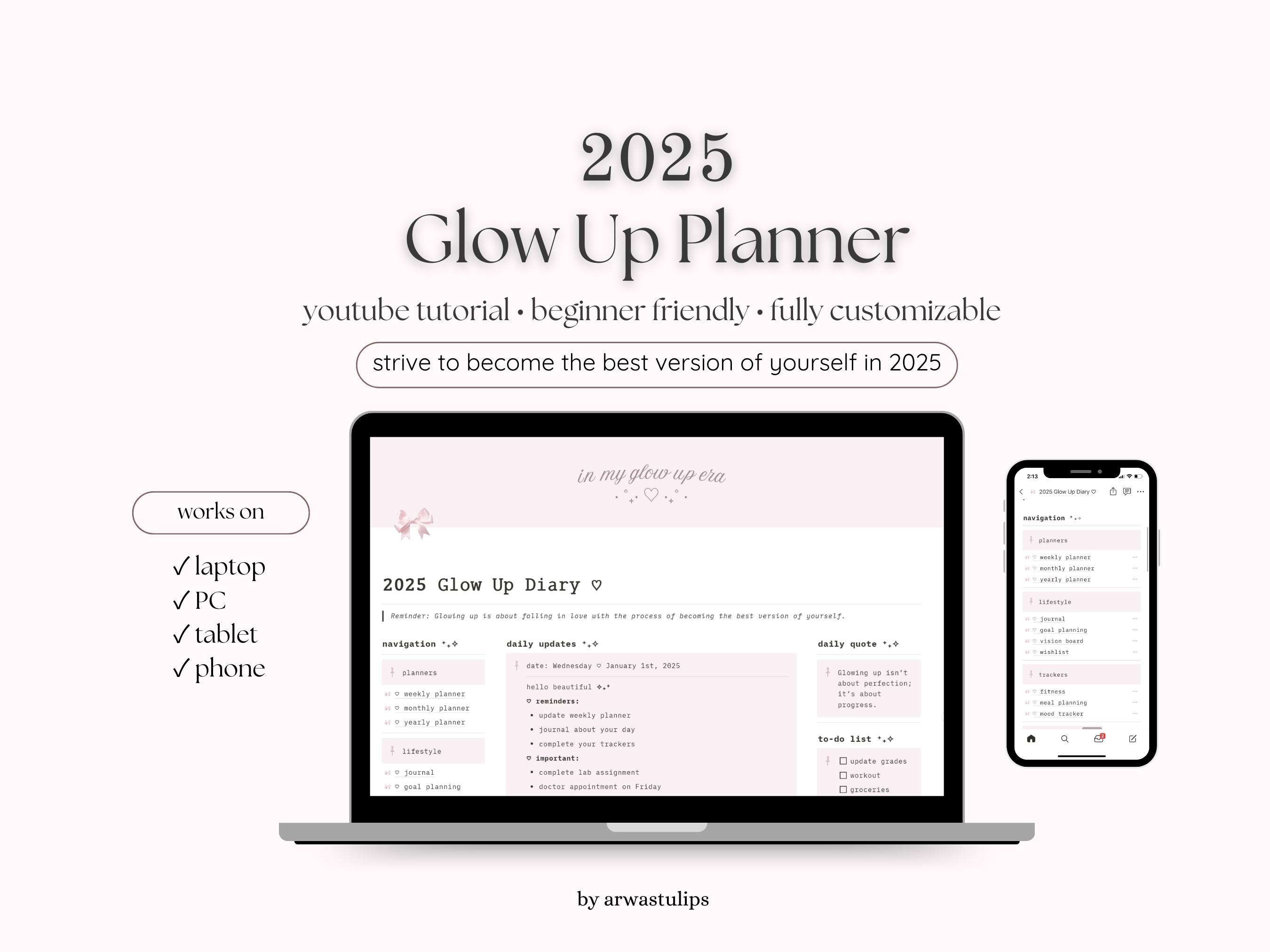 ୨୧ 2025 Glow up Planner Notion Template | That Girl Notion Template ...