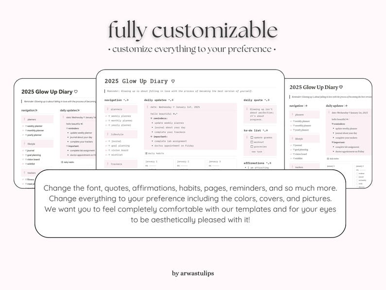 ୨୧ 2025 Glow up Planner Notion Template | That Girl Notion Template ...