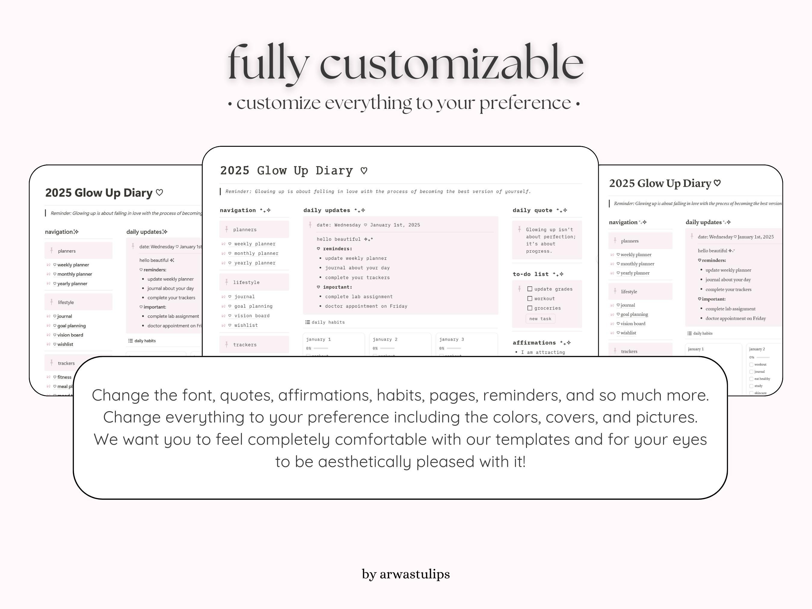 ୨୧ 2025 Glow up Planner Notion Template | That Girl Notion Template ...