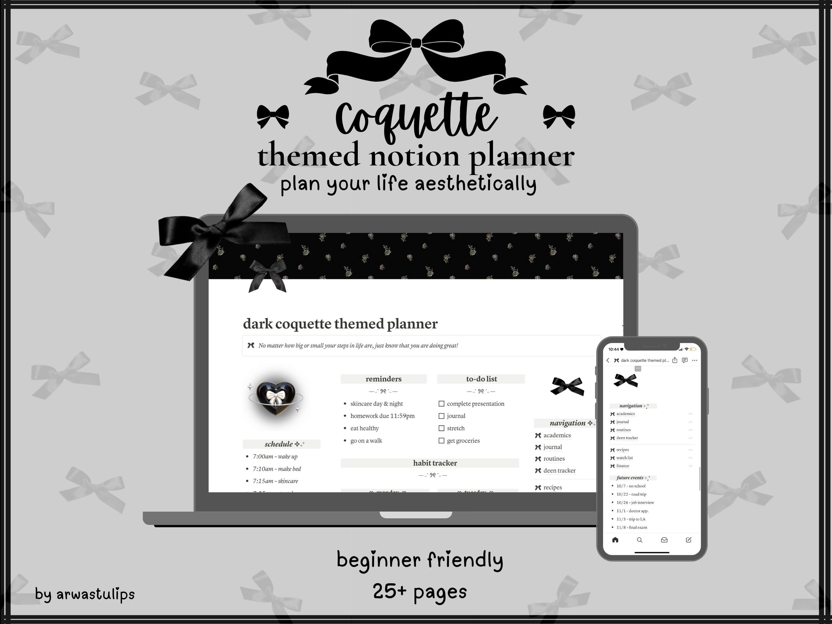 ୨୧ Dark Coquette Themed Notion Template | Aesthetic Notion Planner ...