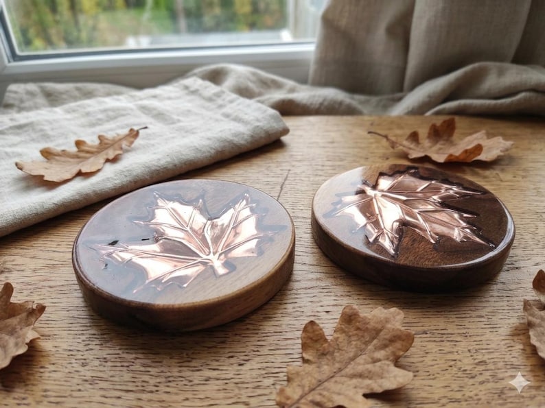 Handmade Walnut and Copper Leaf Coasters, Set of 2 Premium Coasters ...