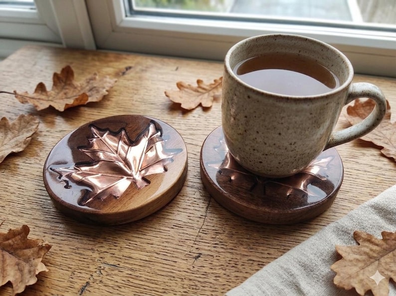 Handmade Walnut and Copper Leaf Coasters, Set of 2 Premium Coasters ...
