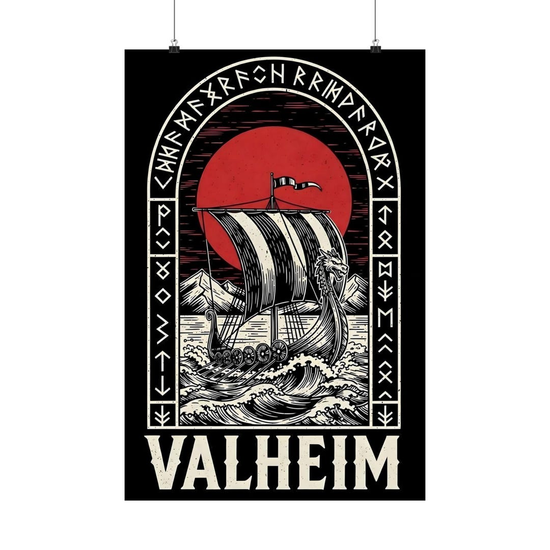 Valheim Viking Longship Matte Poster | Norse Runes, Red Sun - Etsy Canada