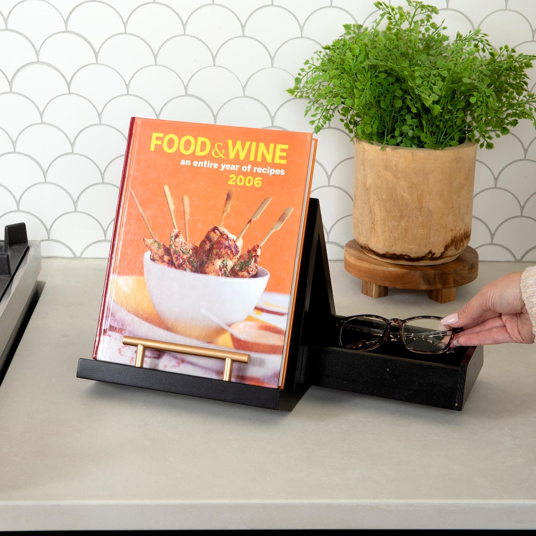 Elegant Wood Cook Book Stand With Drawer 3-in-1 Black W/gold Finish ...