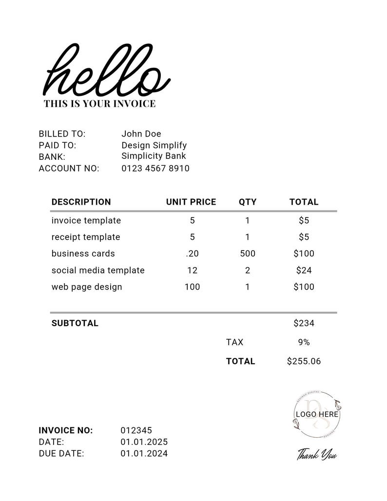 Black and White Canva Invoice Template - Etsy