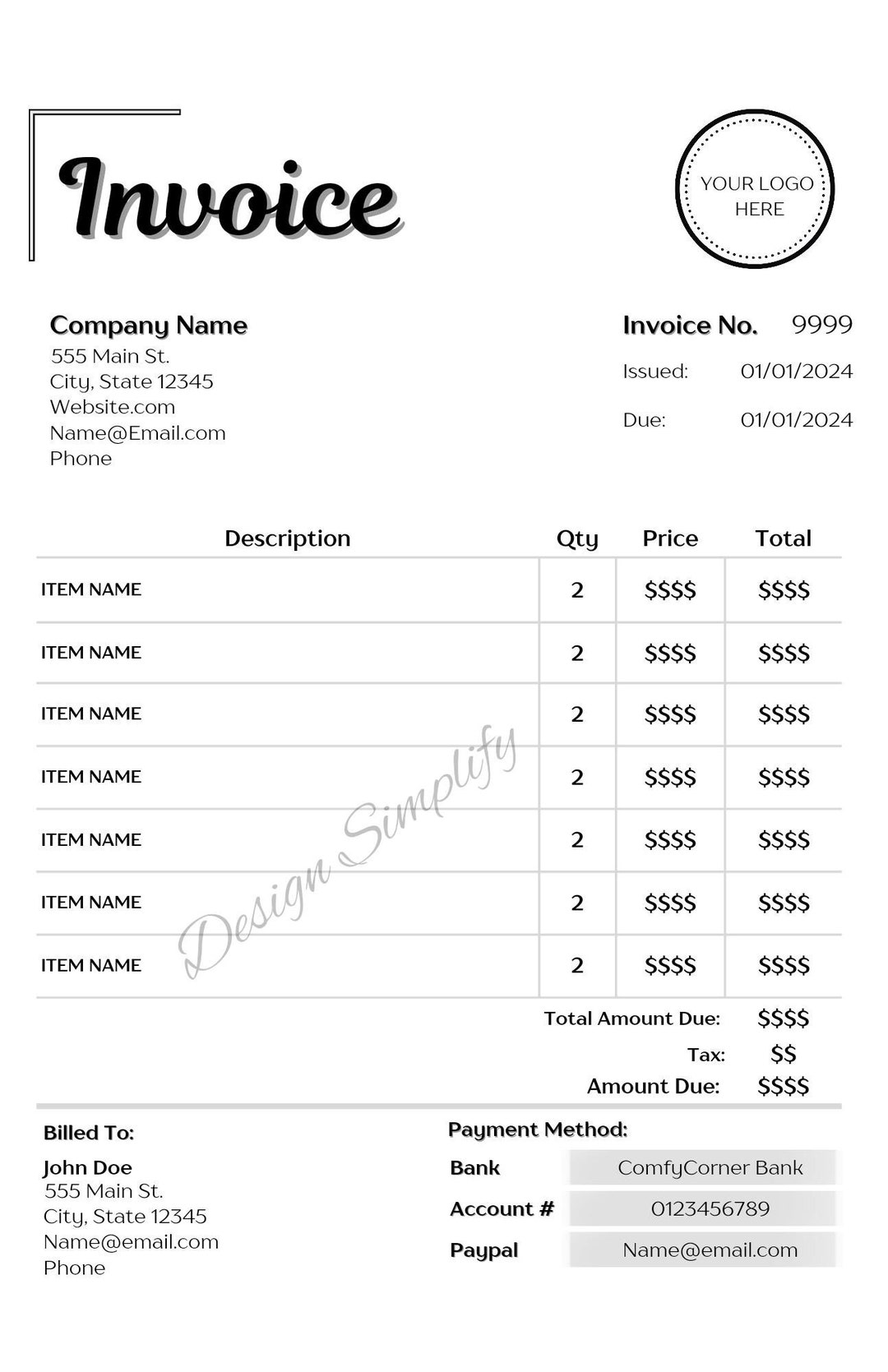 Modèle de facture Canva à télécharger : simple, moderne, épuré - Etsy ...