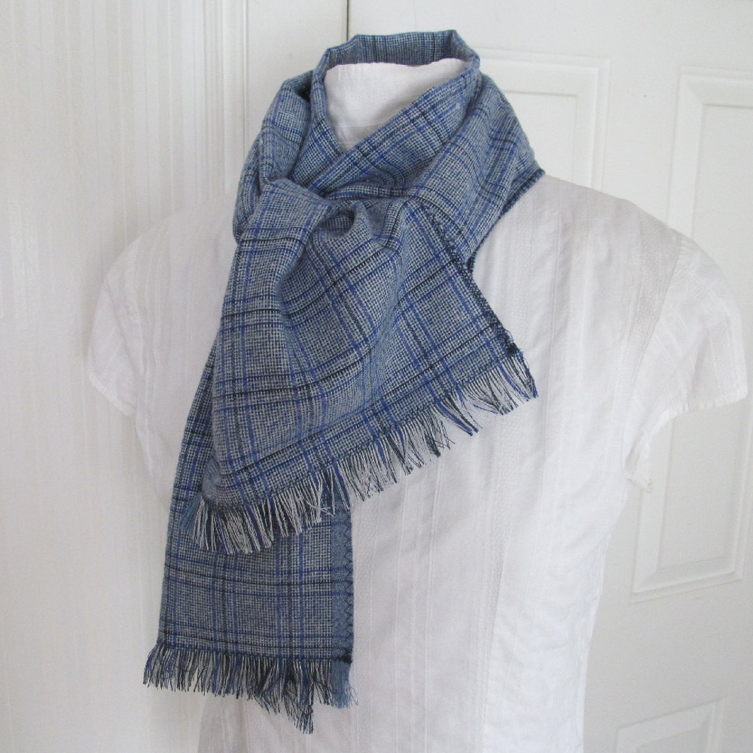 Long Blue Neck Scarf, Plaid Fringe Scarf, Blue White Plaid Scarf, Linen ...