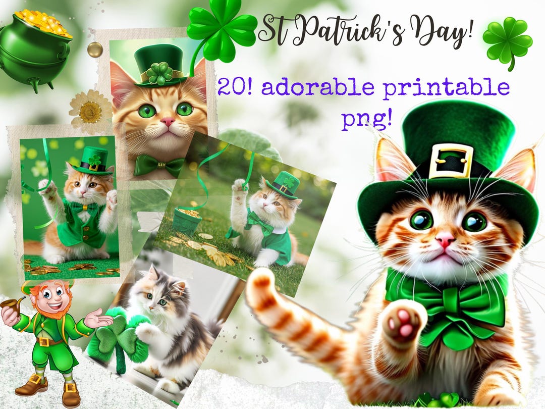 Adorable St Patricks Day Printable Cats, St Patrick Cat, Clover, Funny ...