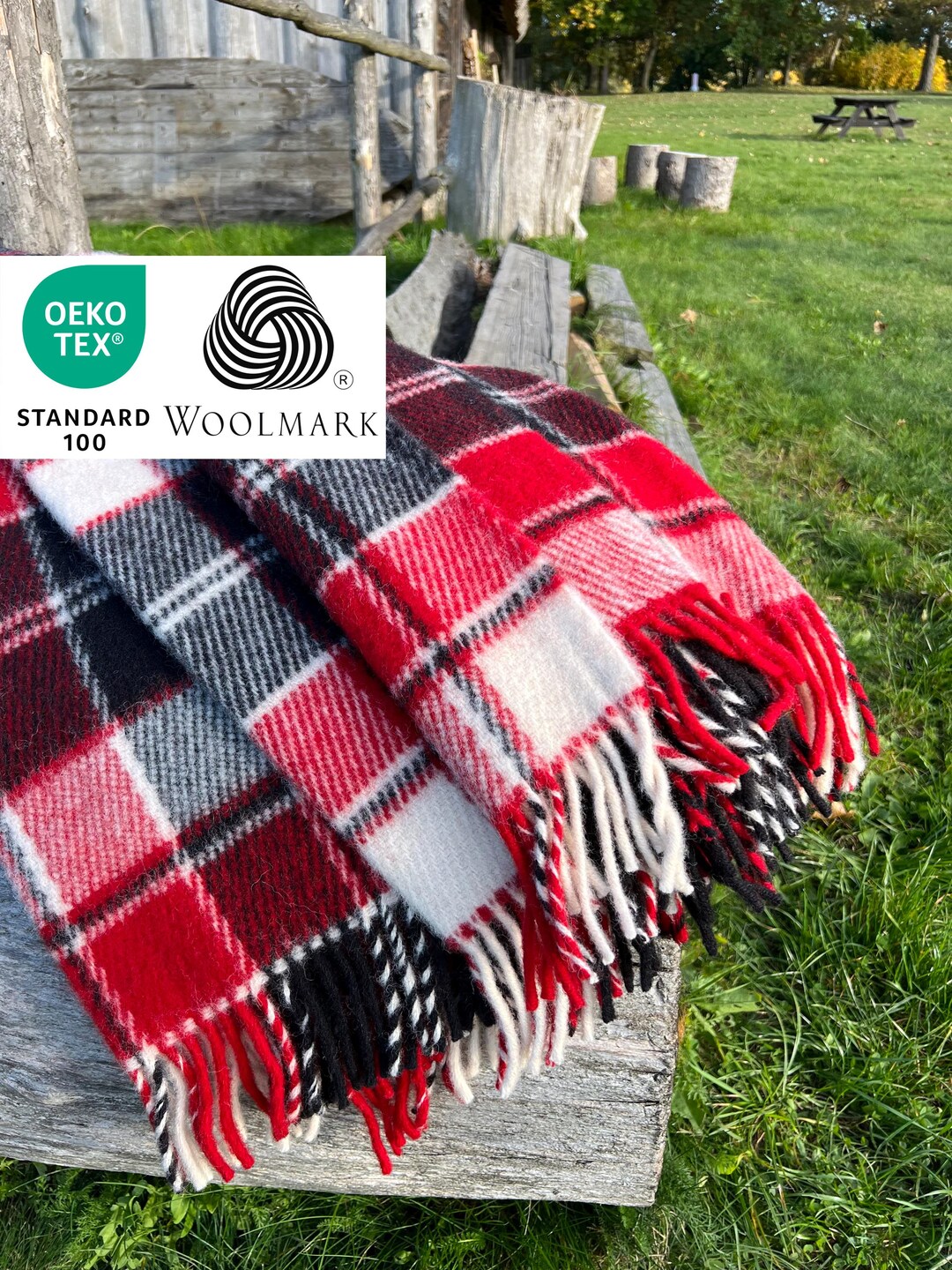 Red Black Checked Wool Throw Blanket Plaid - 100% New Zealand Wool (55 ...