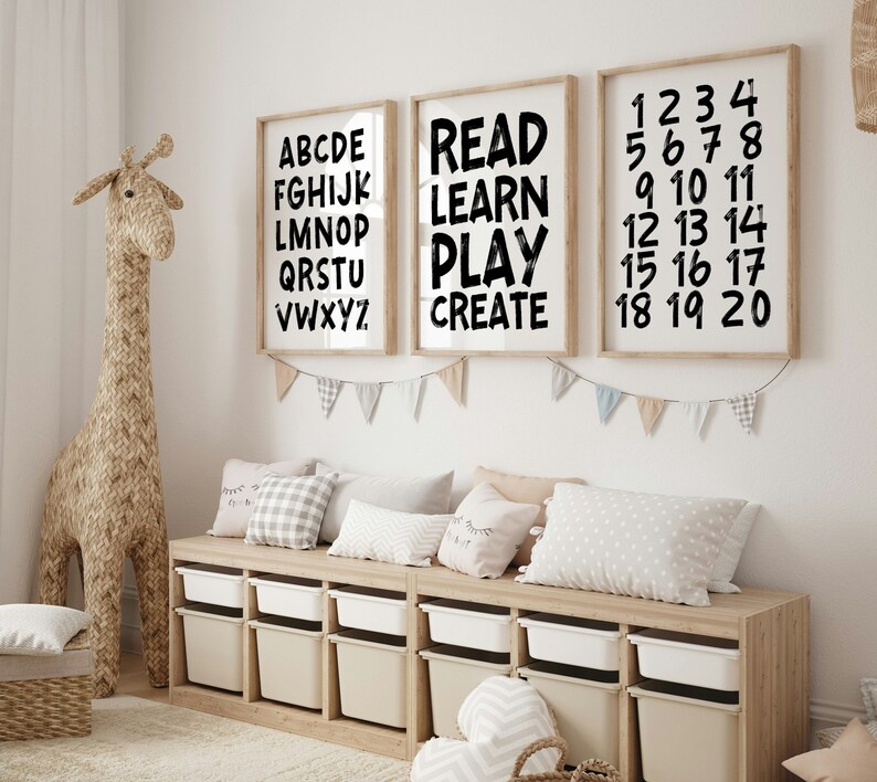 Black and White ABC & Numbers Wall Art Set, Monochrome, Alphabet Print ...