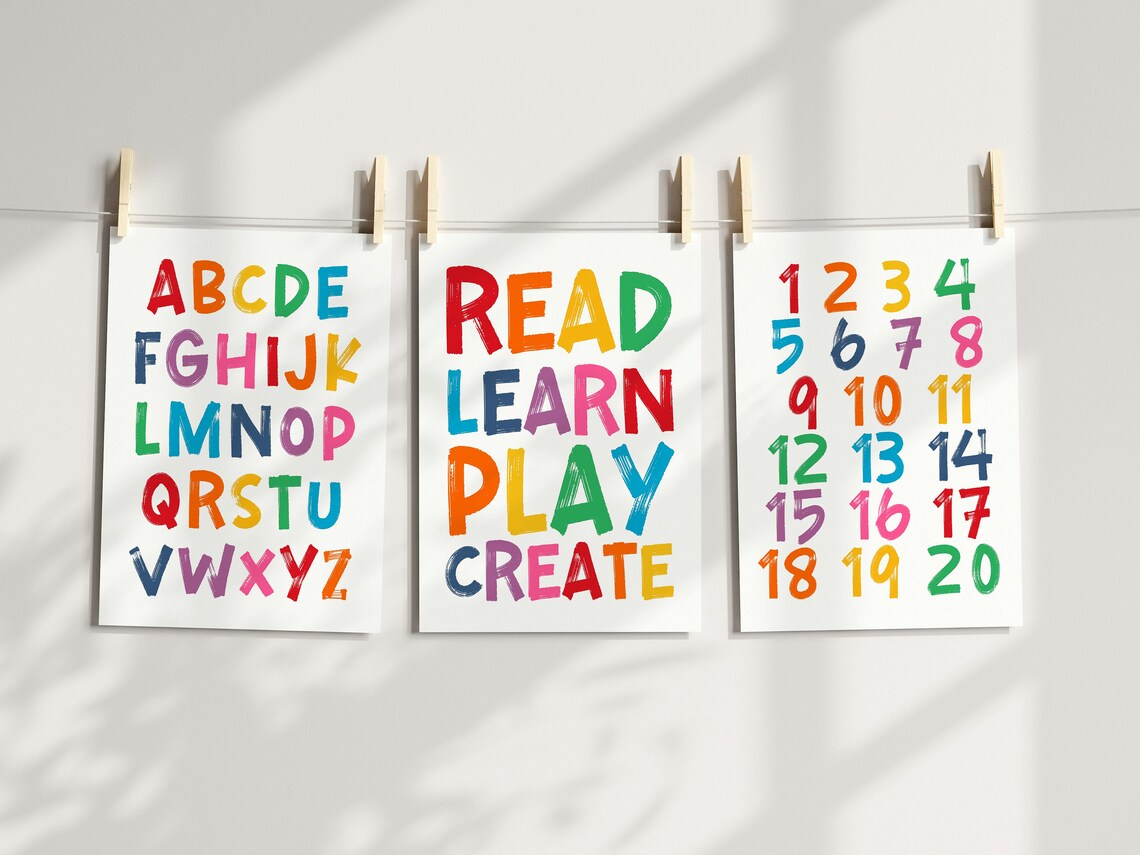 Black and White ABC & Numbers Wall Art Set, Monochrome, Alphabet Print ...