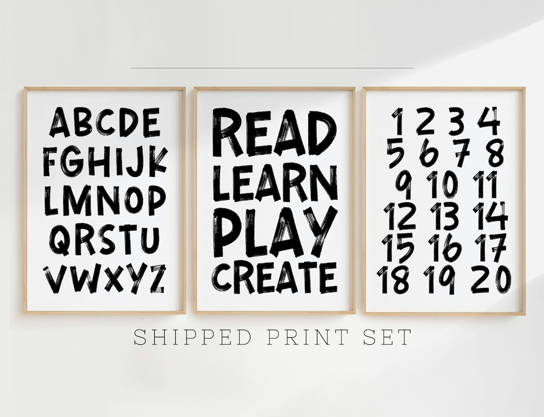 Black and White ABC & Numbers Wall Art Set, Monochrome, Alphabet Print ...