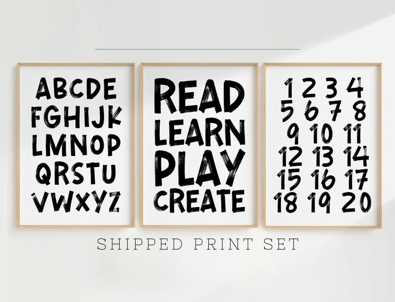 Black and White ABC & Numbers Wall Art Set, Monochrome, Alphabet Print ...