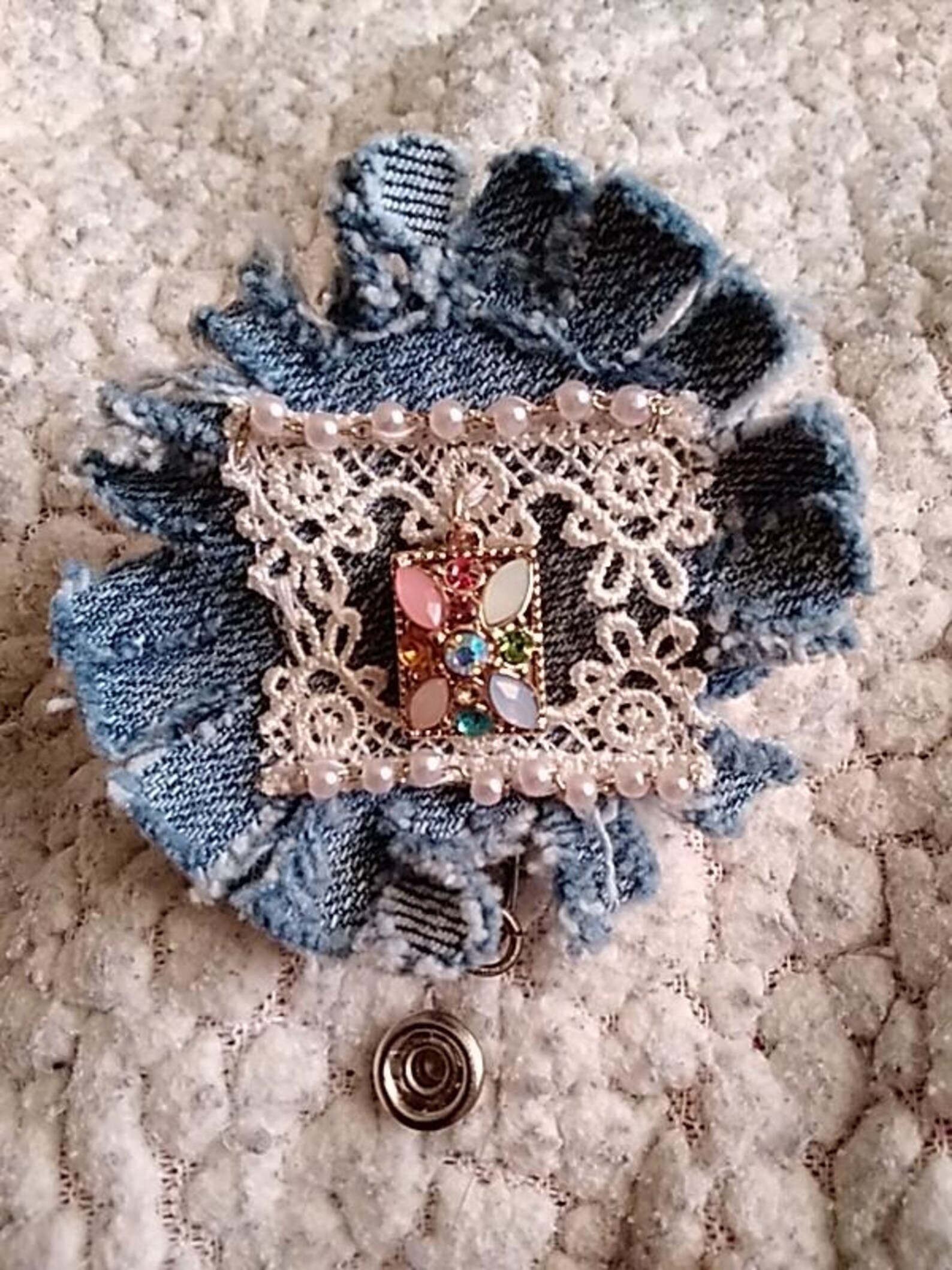 Lace Embellished Rag Style Badge Reel, Upcycled Denim, Heavy Duty Reel ...