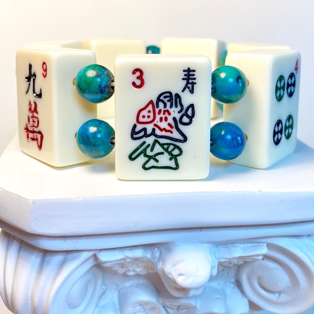 Mahjong Bracelet, Cream Tiles With Azurite Stone Beads, LONG LIFE ...