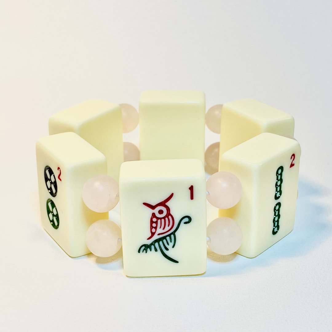 Cream Mahjong Bracelet With Pink Matte Rose Quartz Beads Features a 1 ...