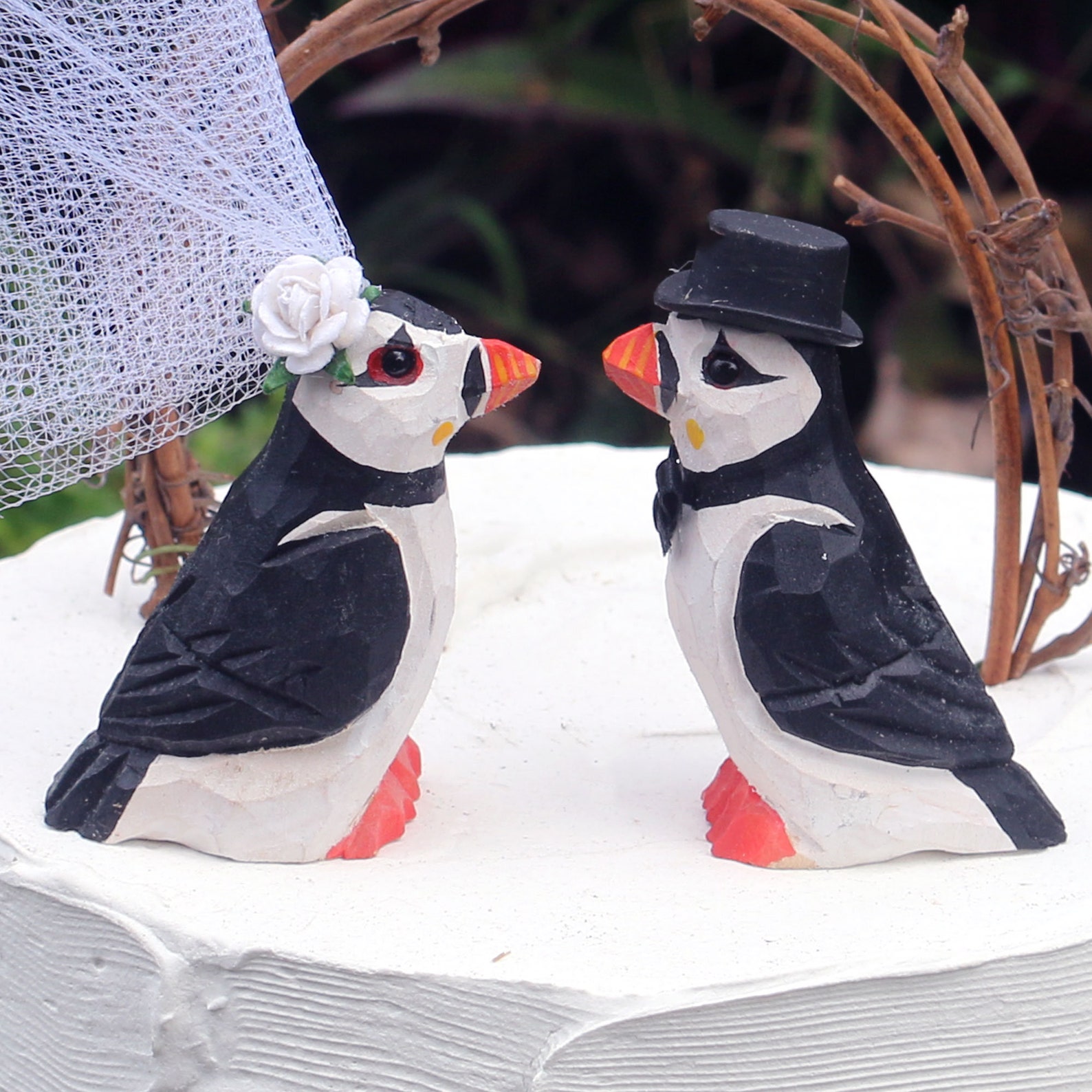 Puffin Wedding Cake Topper - Handcarved, Wooden Love Bird Bride and ...