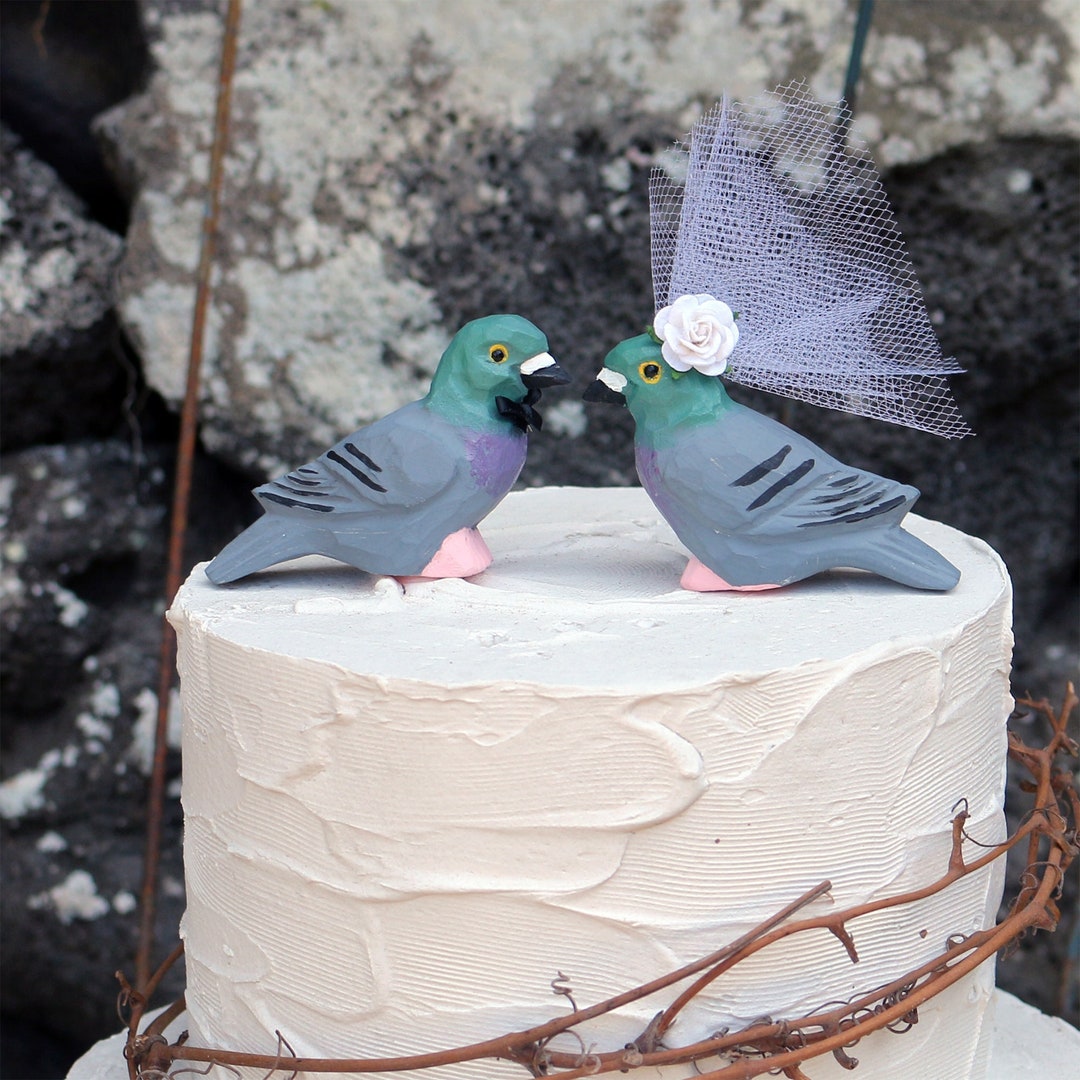 Pigeon Wedding Cake Topper: Handcarved Wooden Bride and Groom Love Bird ...