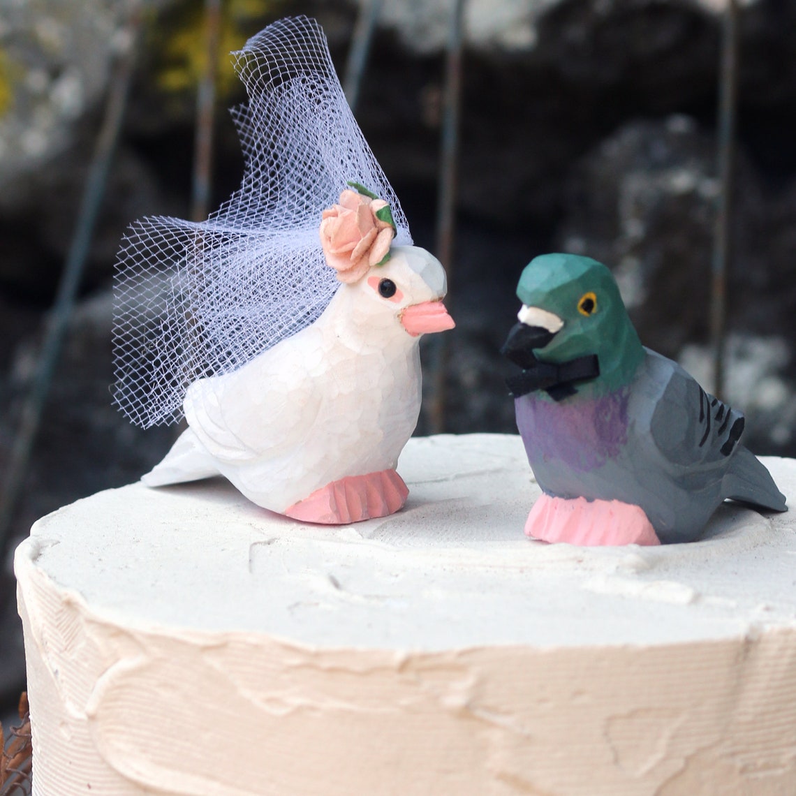 Dove and Pigeon Wedding Cake Topper: Handcarved Wooden Bride and Groom ...