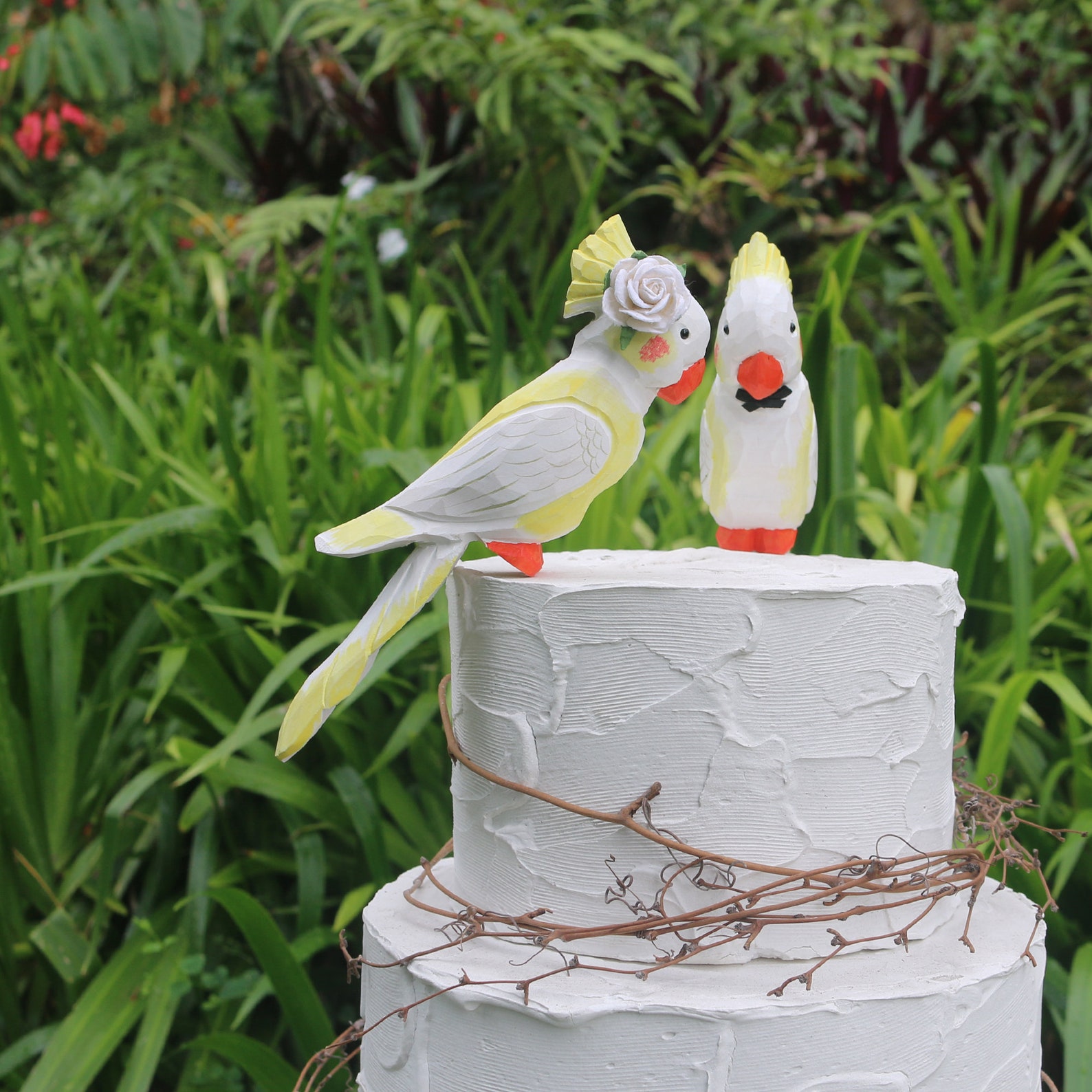 Cockatiel Cake Topper - Handcarved, Wooden Bride and Groom Parrot ...