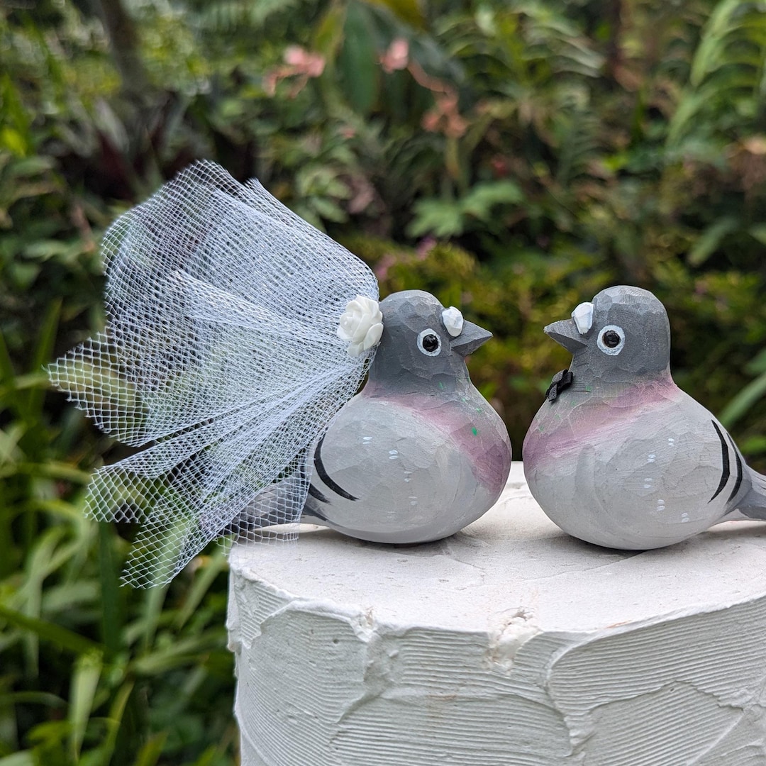 New! Pigeon Wedding Cake Topper: Handcarved Painted Wooden Bride Groom ...