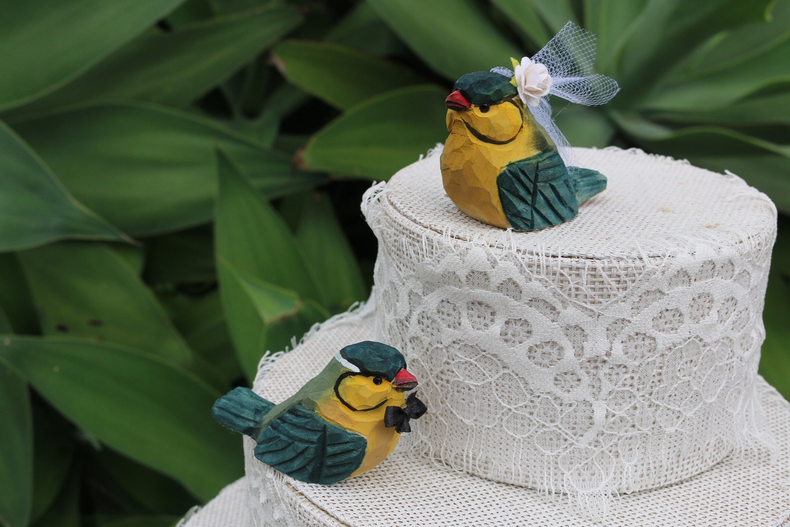 Tanager Bird Cake Topper in Mustard Yellow and Forest Green Carved Wood ...