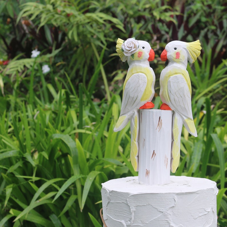 Cockatiel Cake Topper - Handcarved, Wooden Bride and Groom Parrot ...