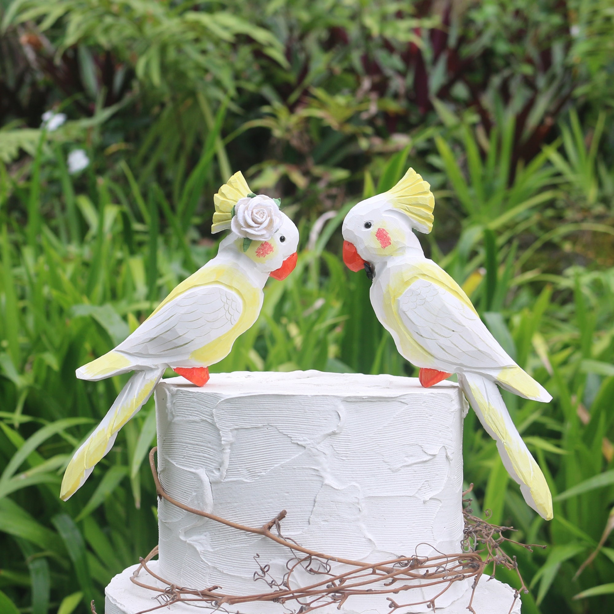 Cockatiel Cake Topper - Handcarved, Wooden Bride and Groom Parrot ...