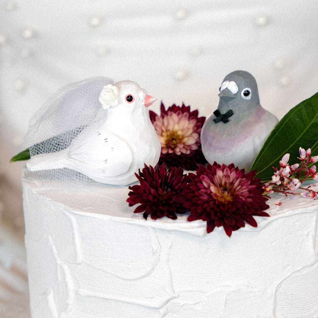 Pigeon Wedding Cake Topper: Handcarved Wooden Bride & Groom Figurine ...