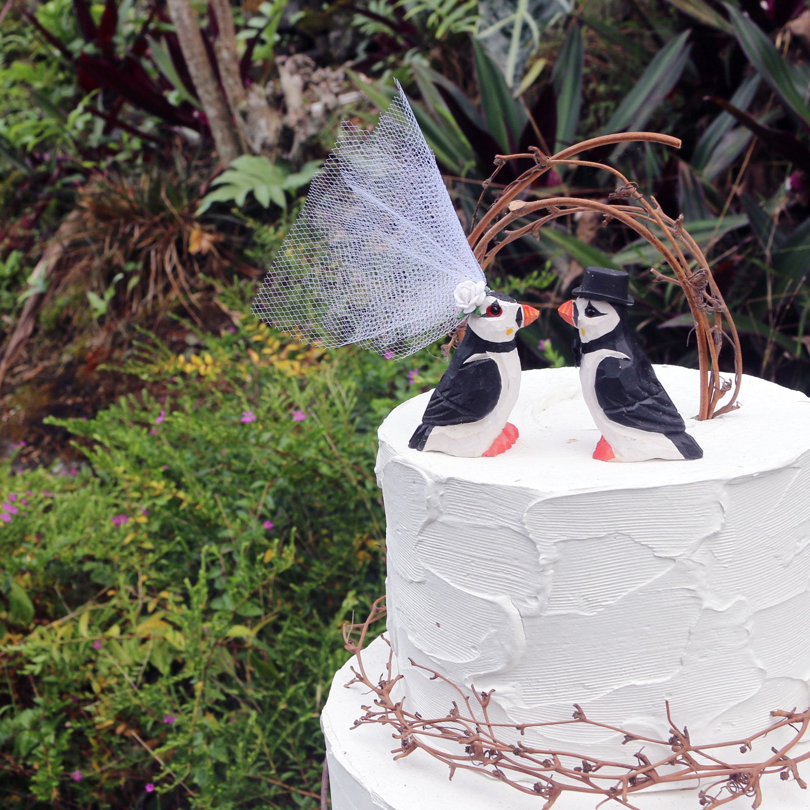 Puffin Wedding Cake Topper - Handcarved, Wooden Love Bird Bride and ...