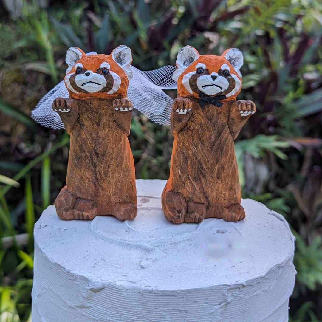 New! Red Panda Wedding Cake Topper: Handcarved Wooden Bride and Groom ...